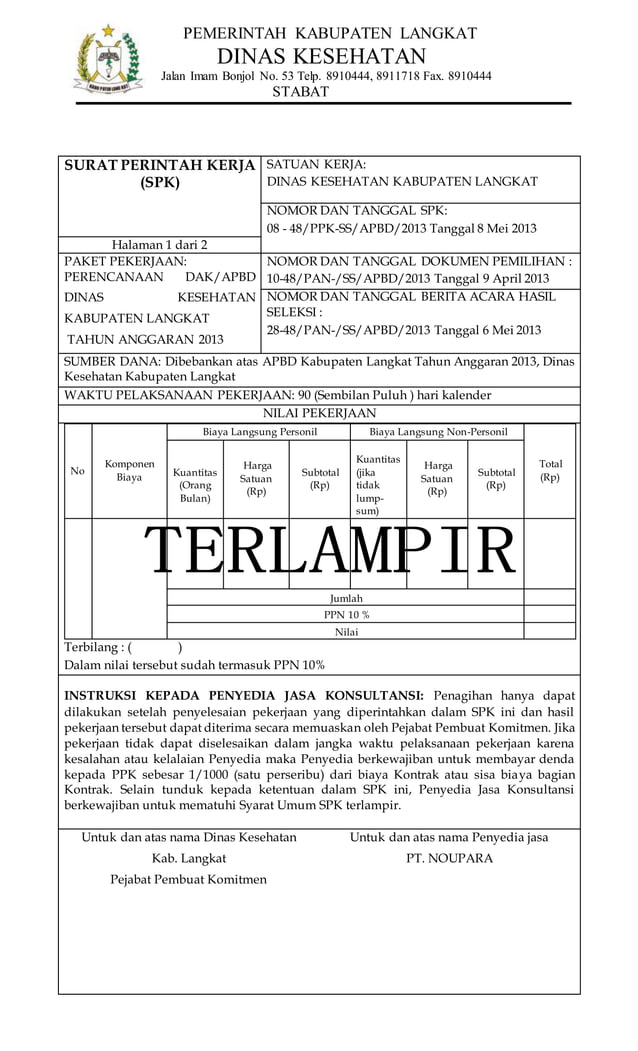 Surat perjanjian kerja apbd dinkes lkt | DOCX