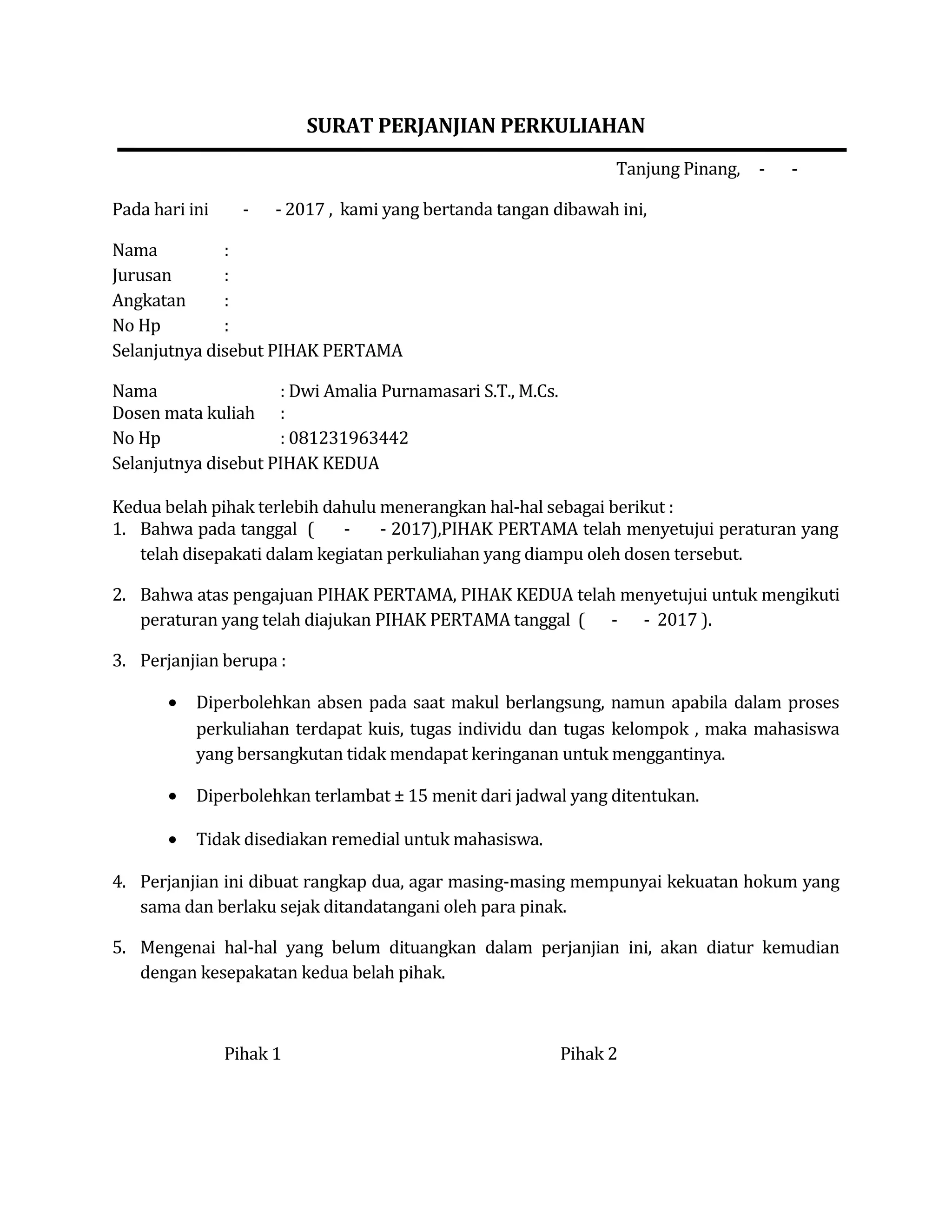 Surat perjanjian perkuliahan | DOC