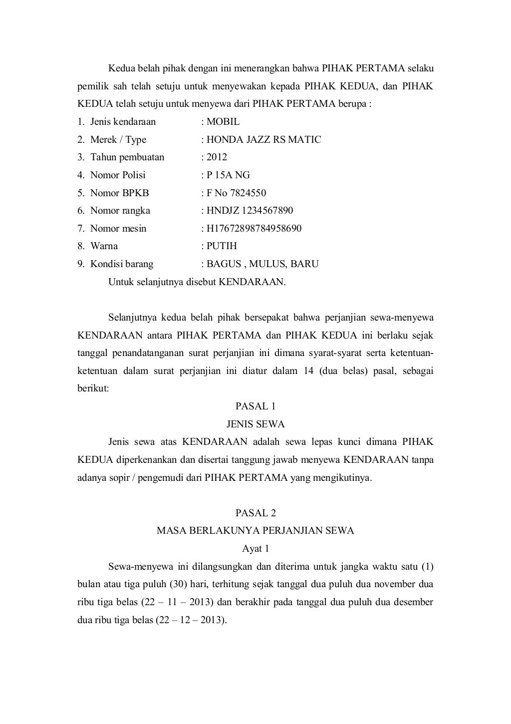 Surat perjanjian sewa mobil