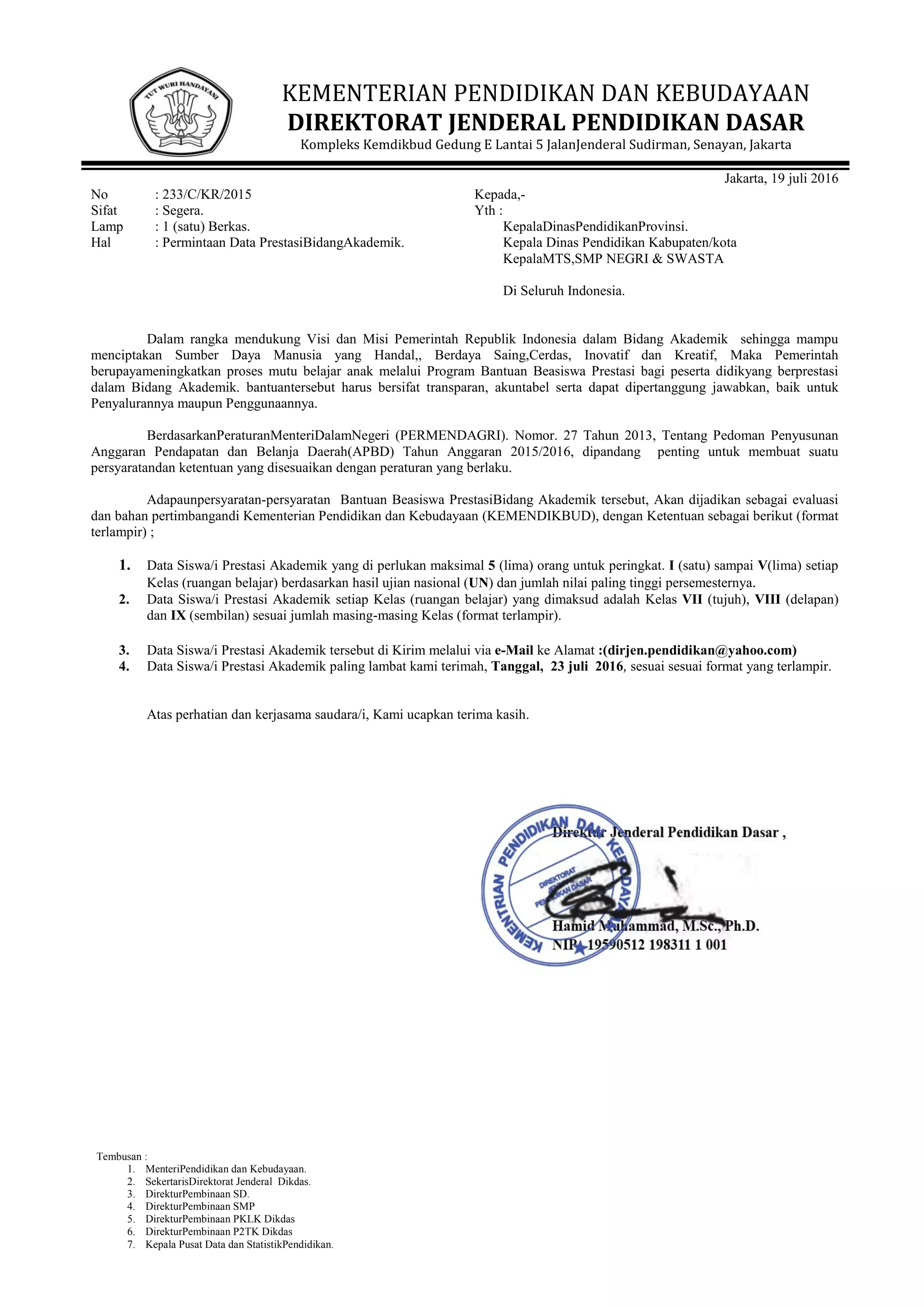 Surat permintaan data prestasi akademik smp | PDF