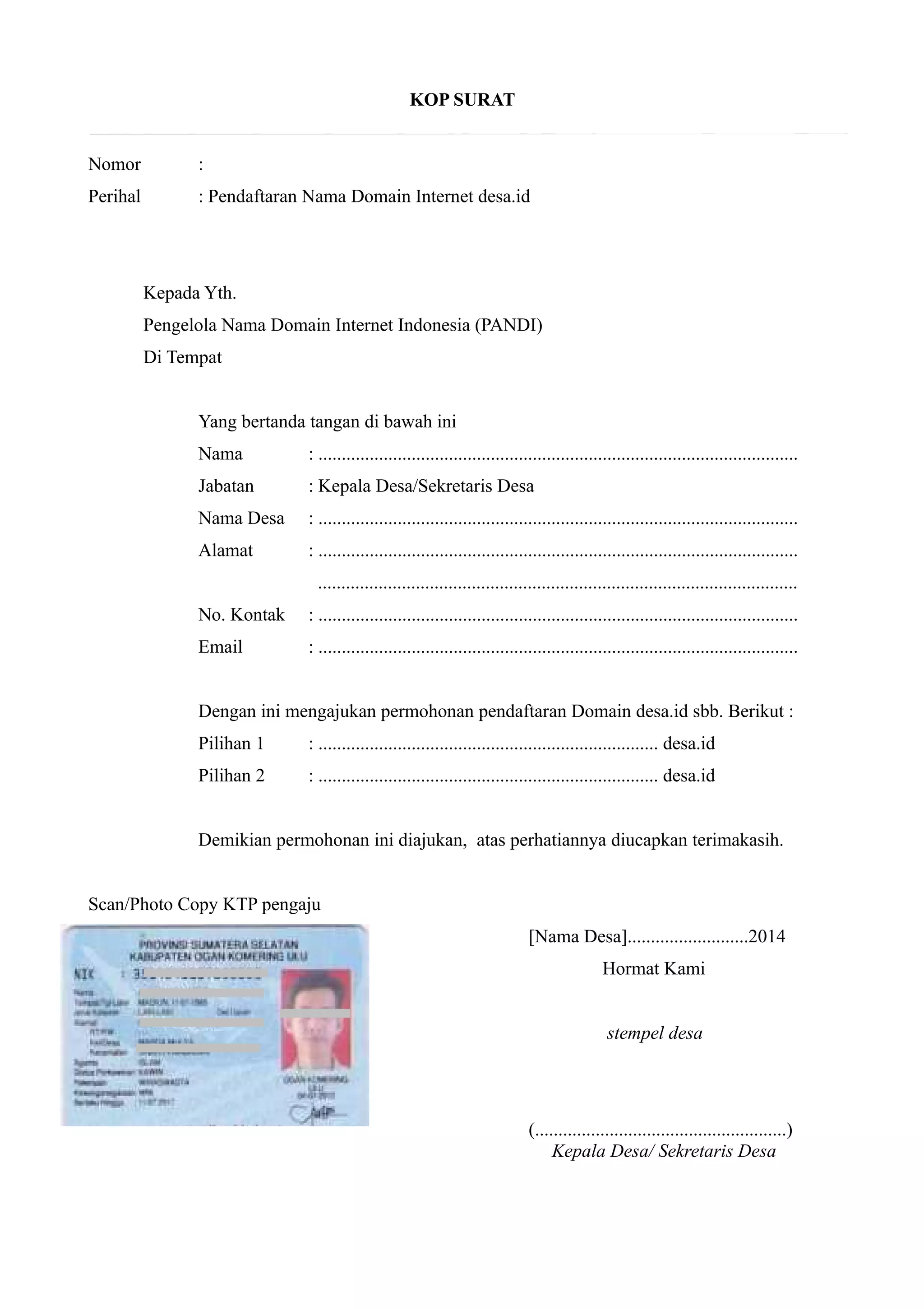 Surat permohonan domain desa.id