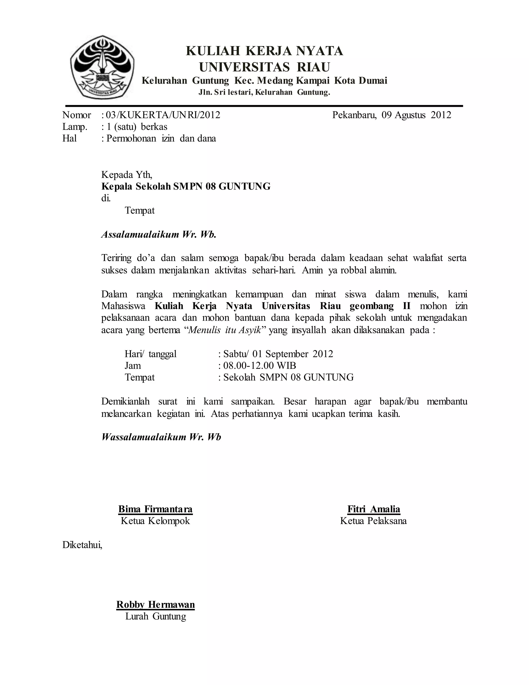 Surat permohonan pelatihan menulis | DOCX