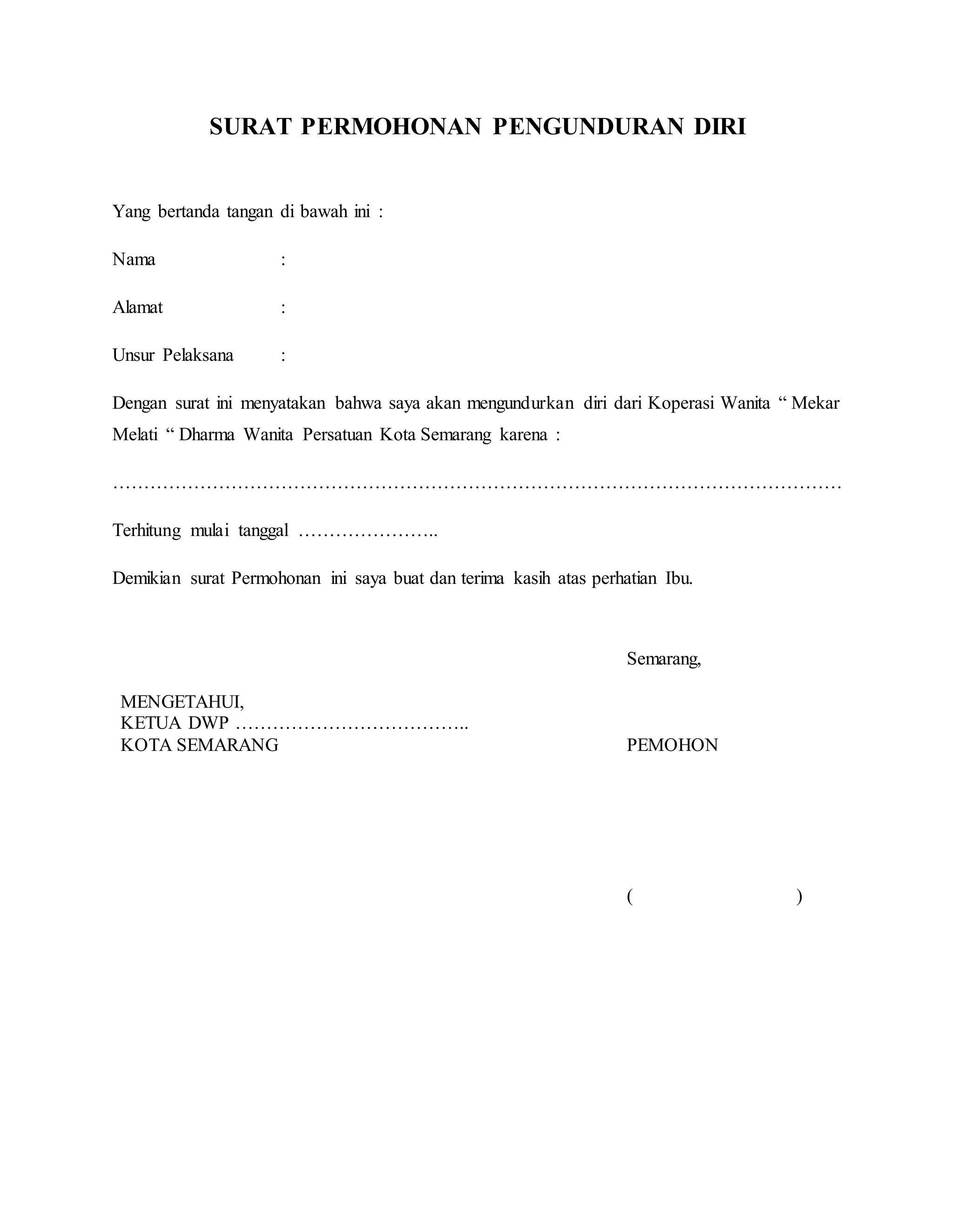 Surat permohonan pengunduran diri | DOCX