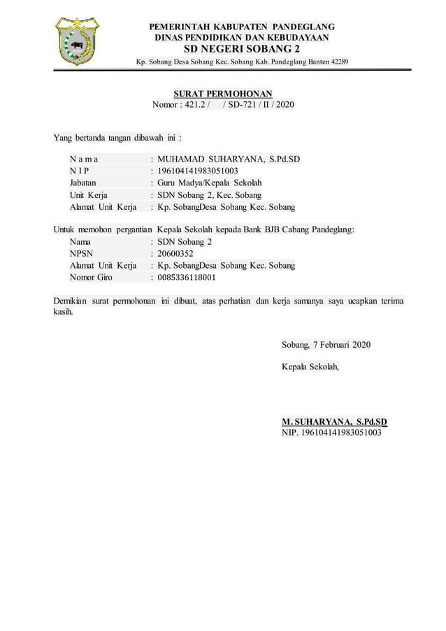 Surat permohonan perubahan specimen bank | DOCX