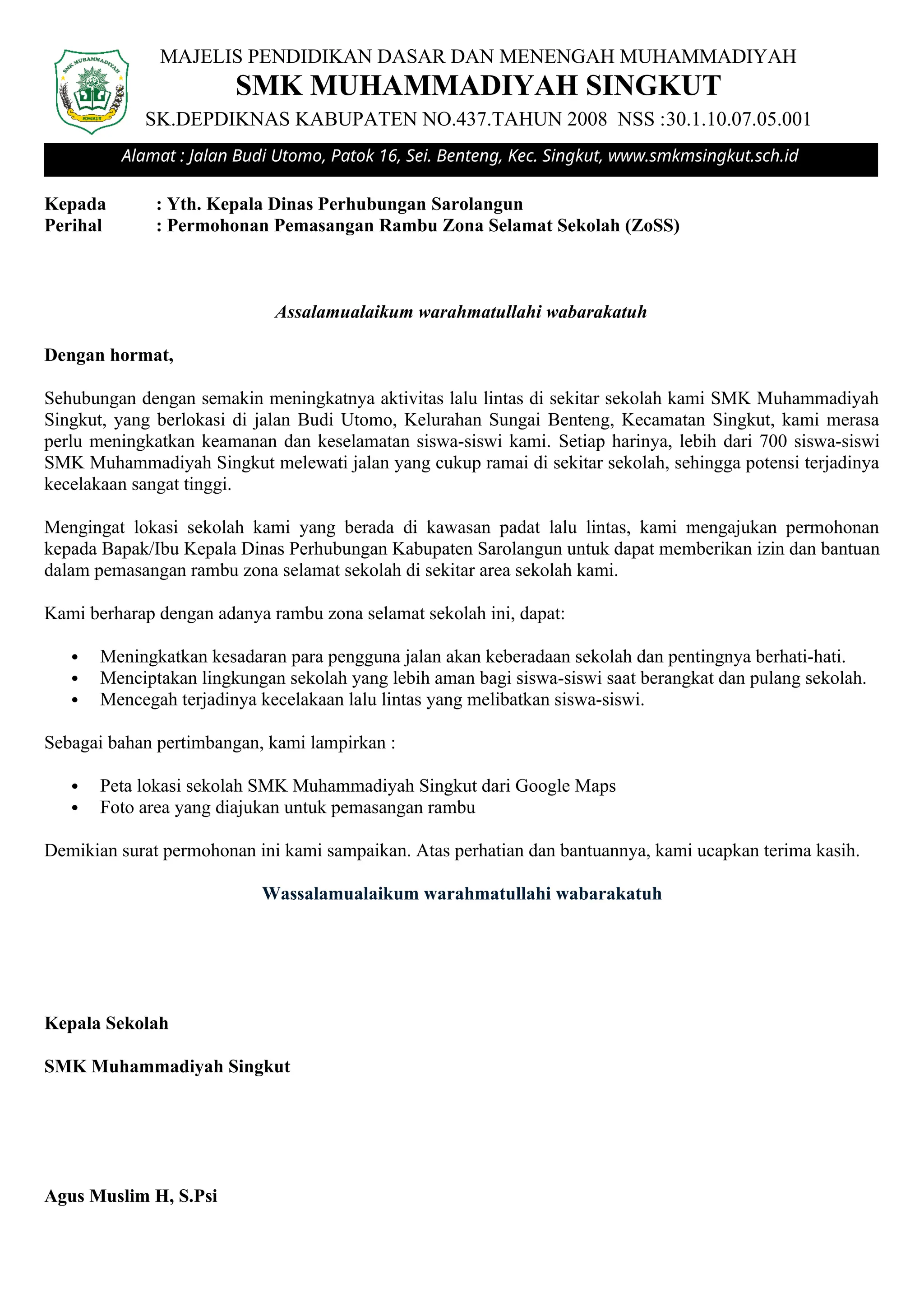 Surat permohonan Rambu Zona Selamat Sekolah | DOCX