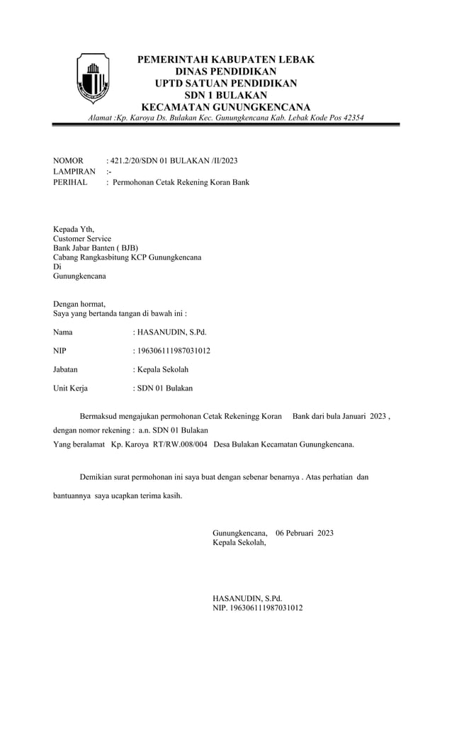 Surat Permohonan Cetak Rekening Koran