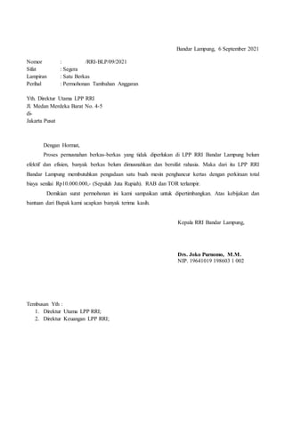 Surat Permohonan Tambahan Anggaran Penghancur Kertas.doc