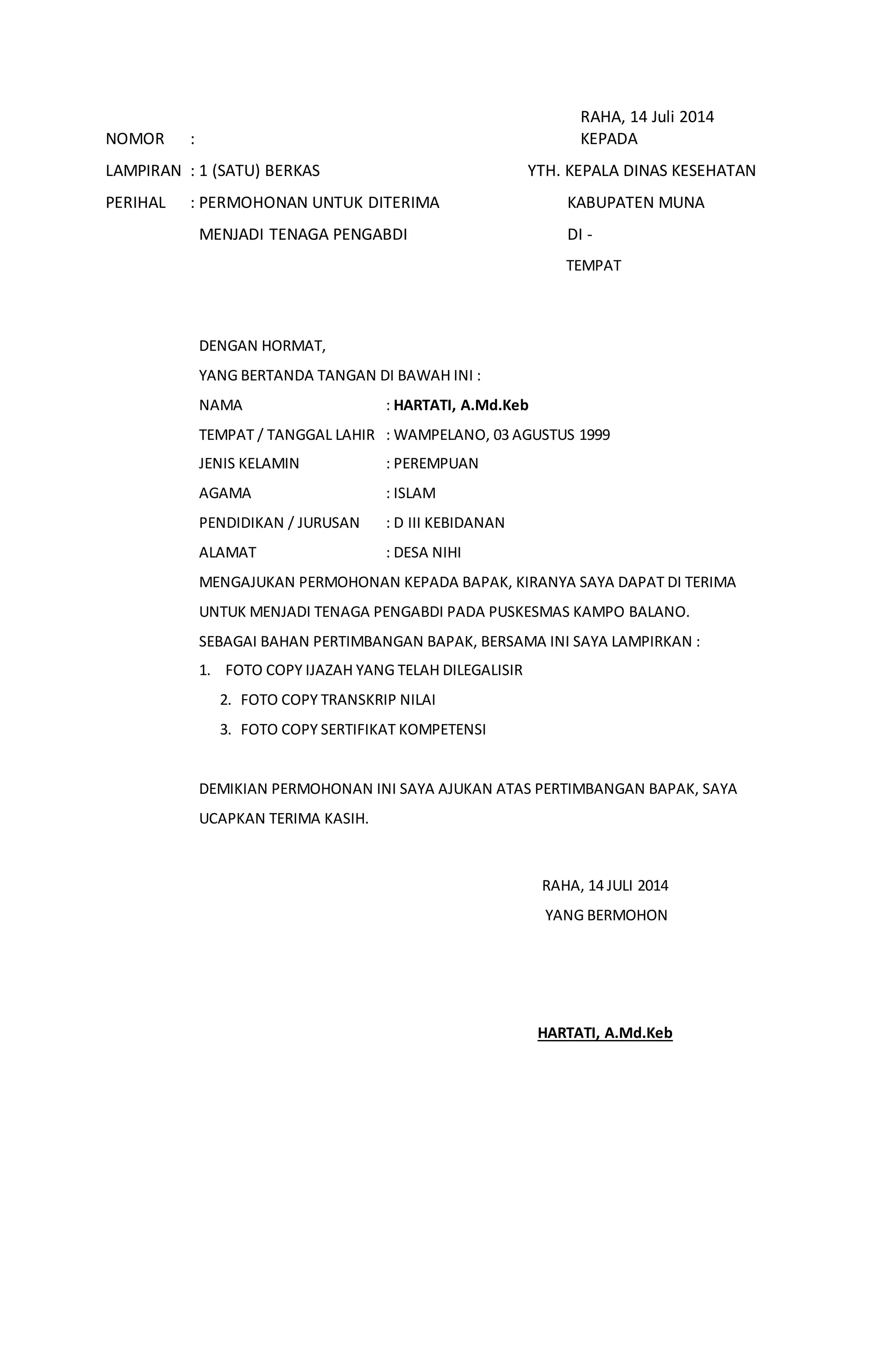 Surat permohonan untuk diterima menjadi tenaga pengabdi akbid paramata ...