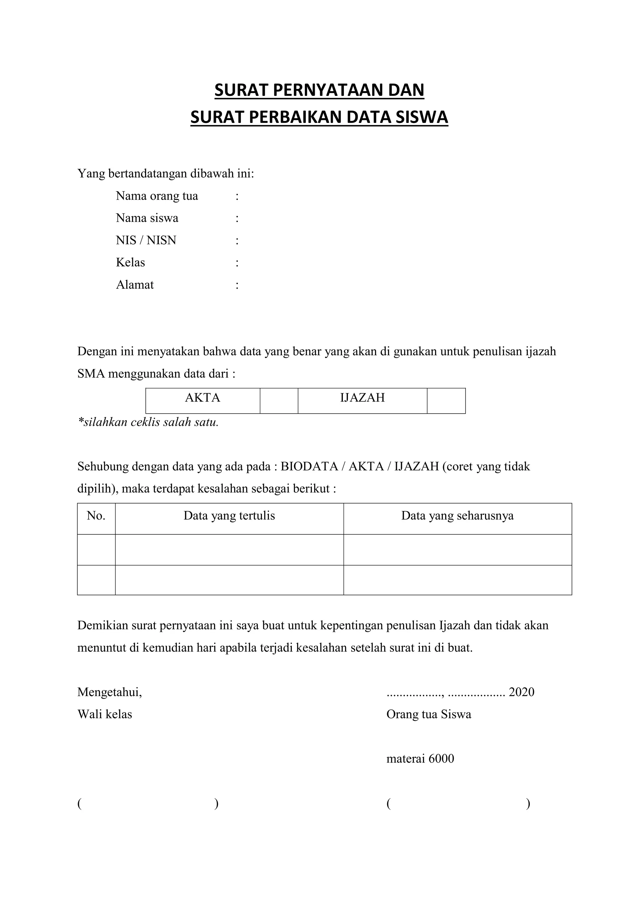 Surat pernyataan dan Surat Perbaikan Data Siswa | PDF