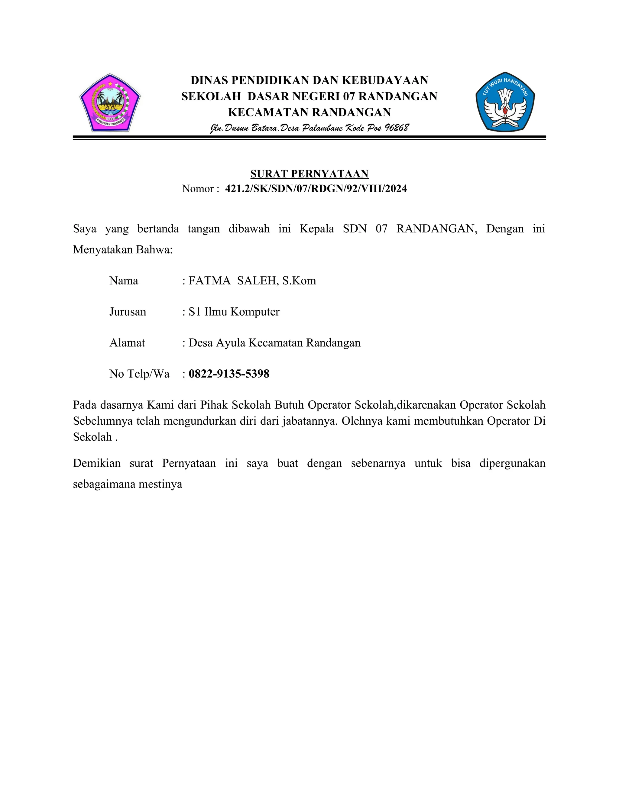 SURAT PERNYATAAN.docx kelelulusn pada .. | PDF