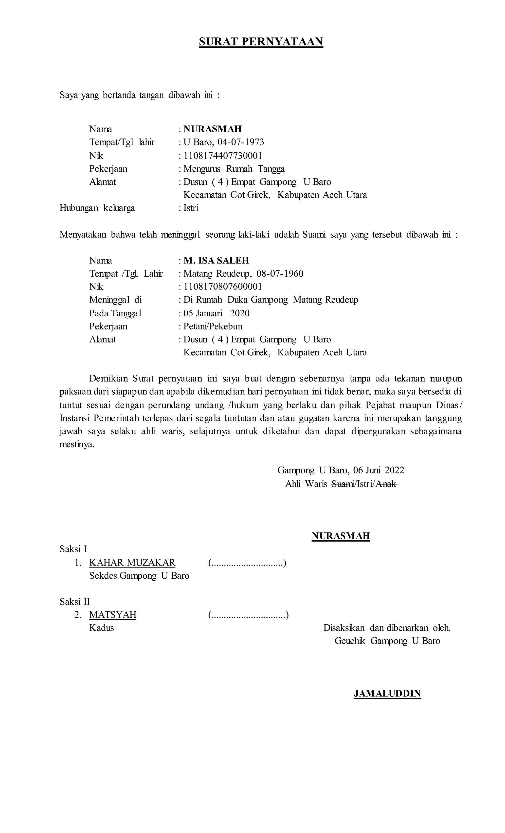 SURAT PERNYATAAN AHLI WARIS | PDF