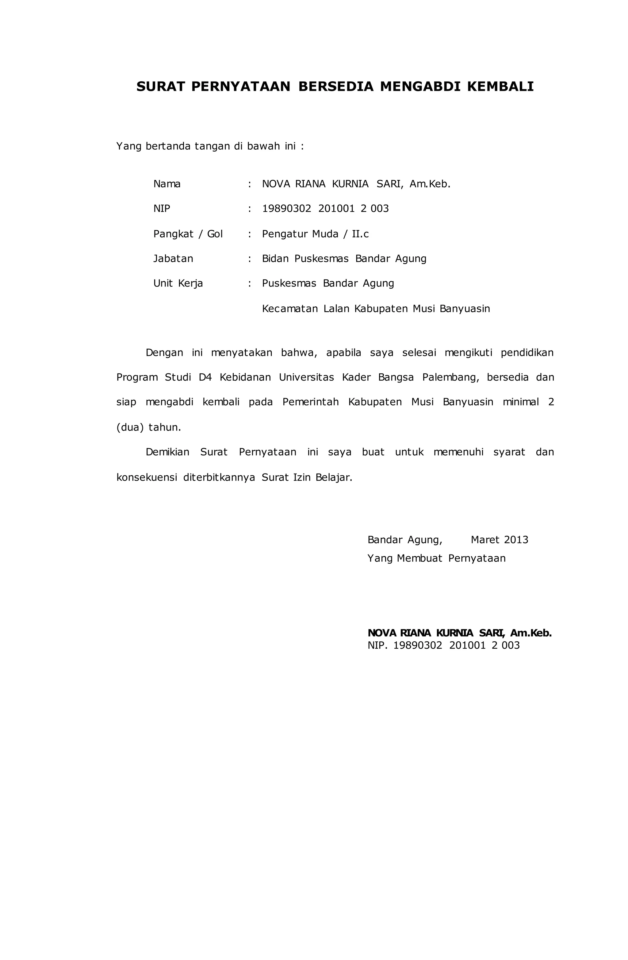 Surat pernyataan bersedia mengabdi kembali | DOCX