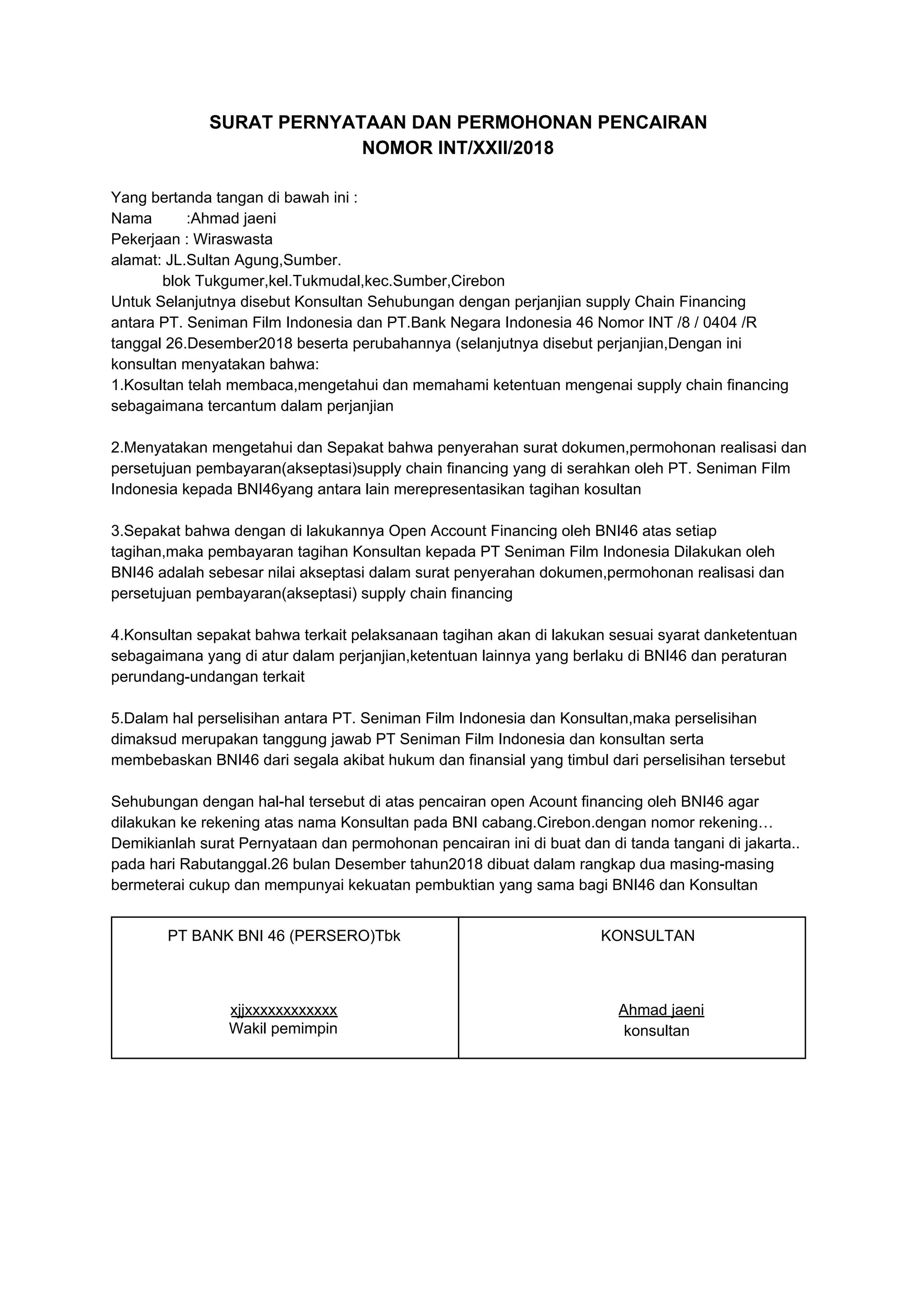 Surat pernyataan dan permohonan pencairan pt seniman film indonesia | PDF