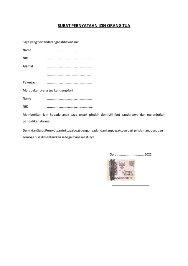 Surat Izin Orang Tua Pindah Domisili Anak | PDF