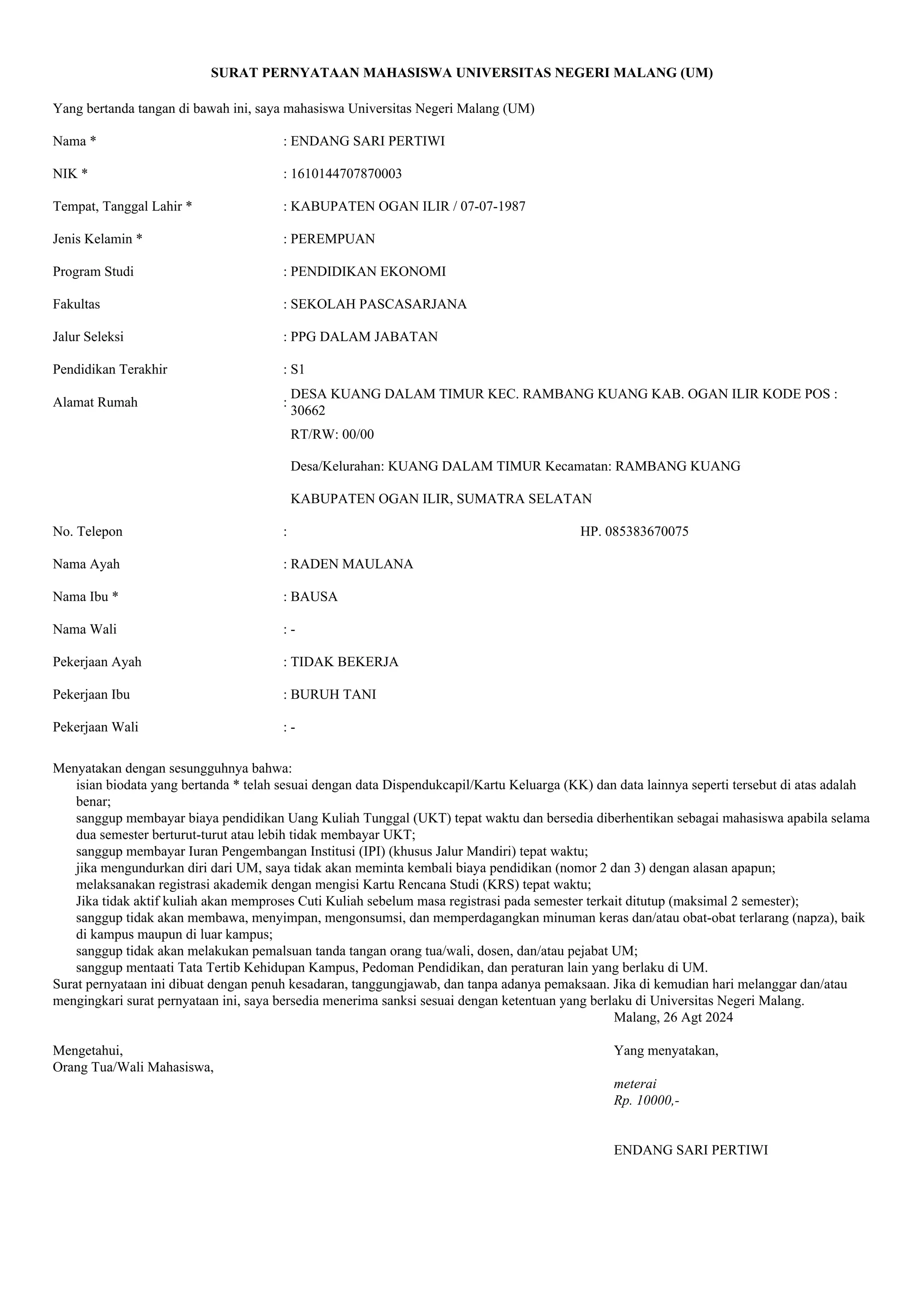 SURAT PERNYATAAN MAHASISWA BUK ENDANG SARI PERTIWI.pdf