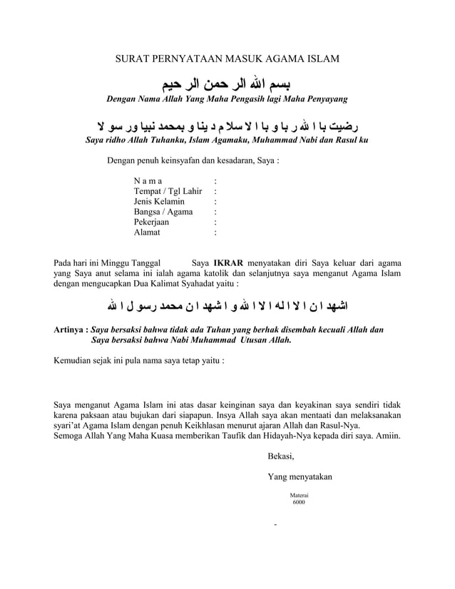 Surat Pernyataan Masuk Agama Islam