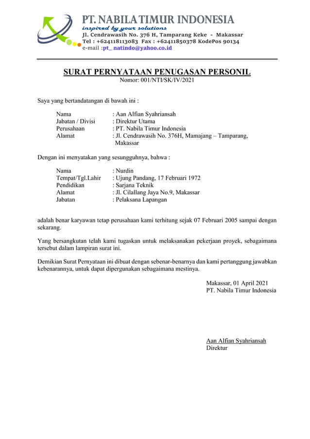 SURAT PERNYATAAN PENUGASAN PERSONIL.docx