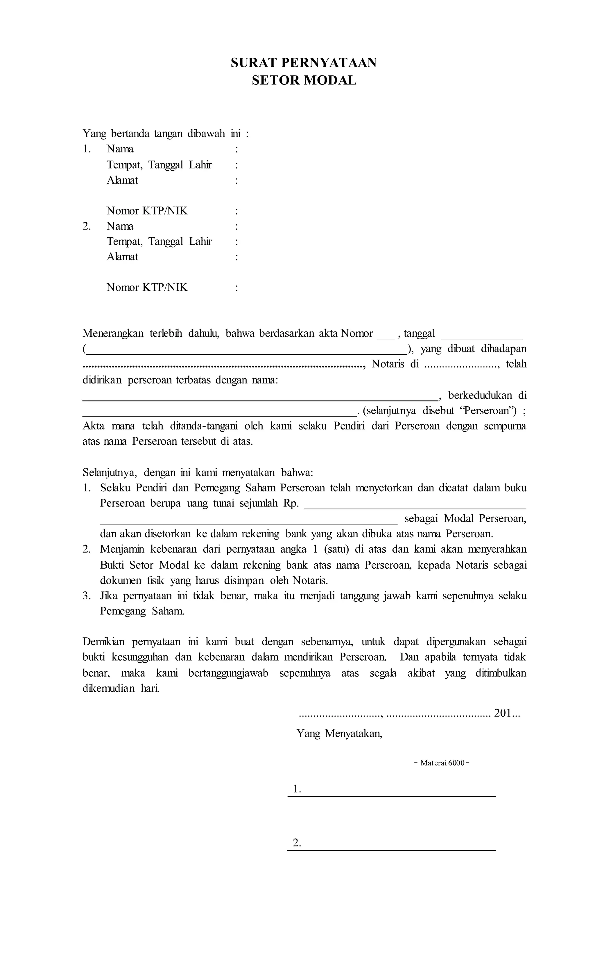 Surat pernyataan setor modal para pendiri Perseroan Terbatas | DOCX