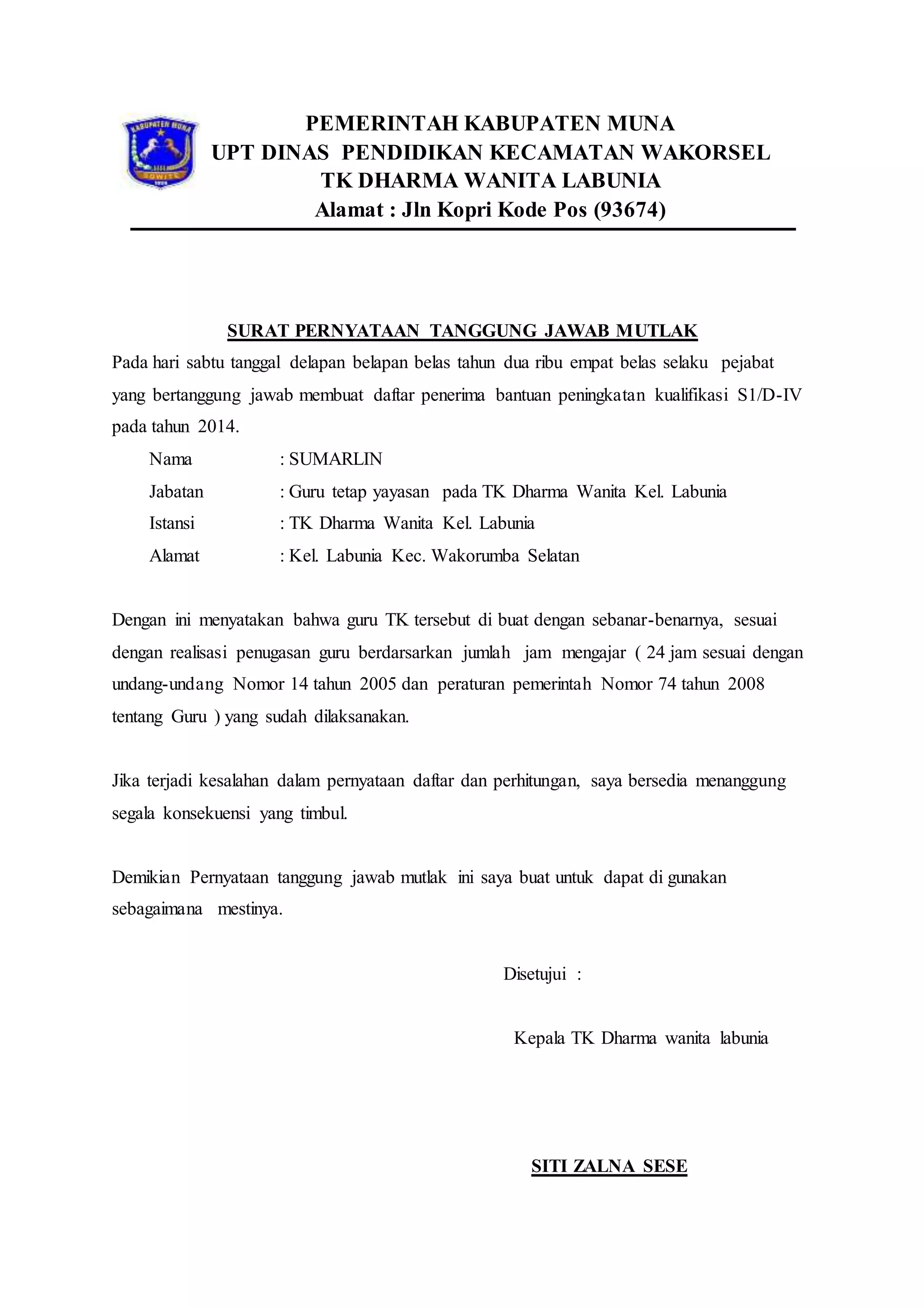 Surat pernyataa tanggung jawab sumarlin pure | DOCX