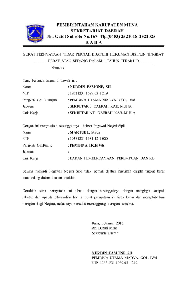 Surat pernytaan pemerintahan kabupaten muna | DOCX