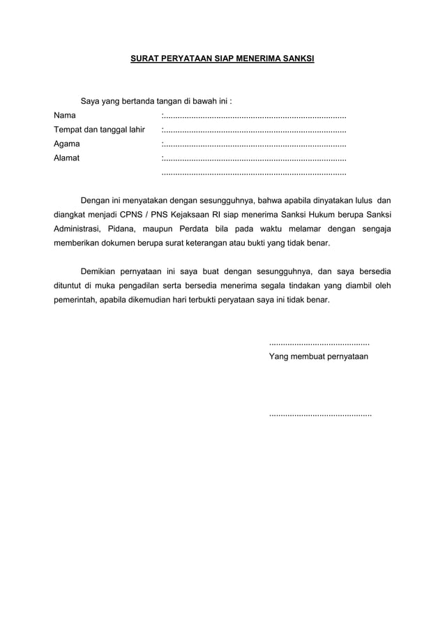 Surat peryataan siap menerima sanksi | DOCX