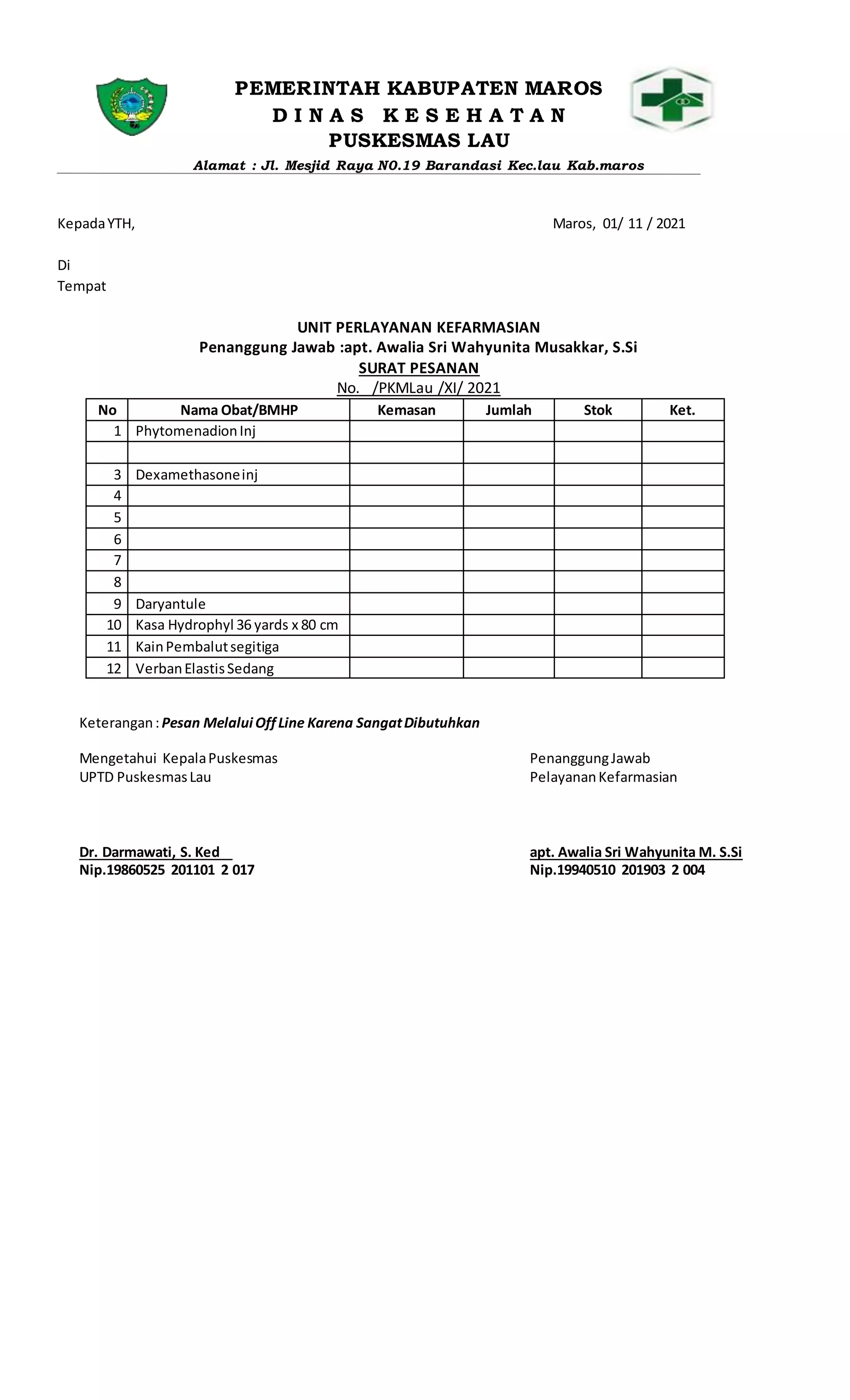 Surat pesanan jkn november | DOCX