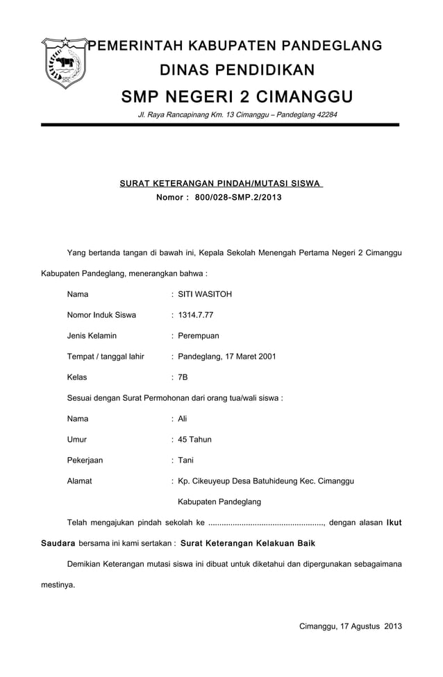 Surat pindah smp 4 cmg | DOC