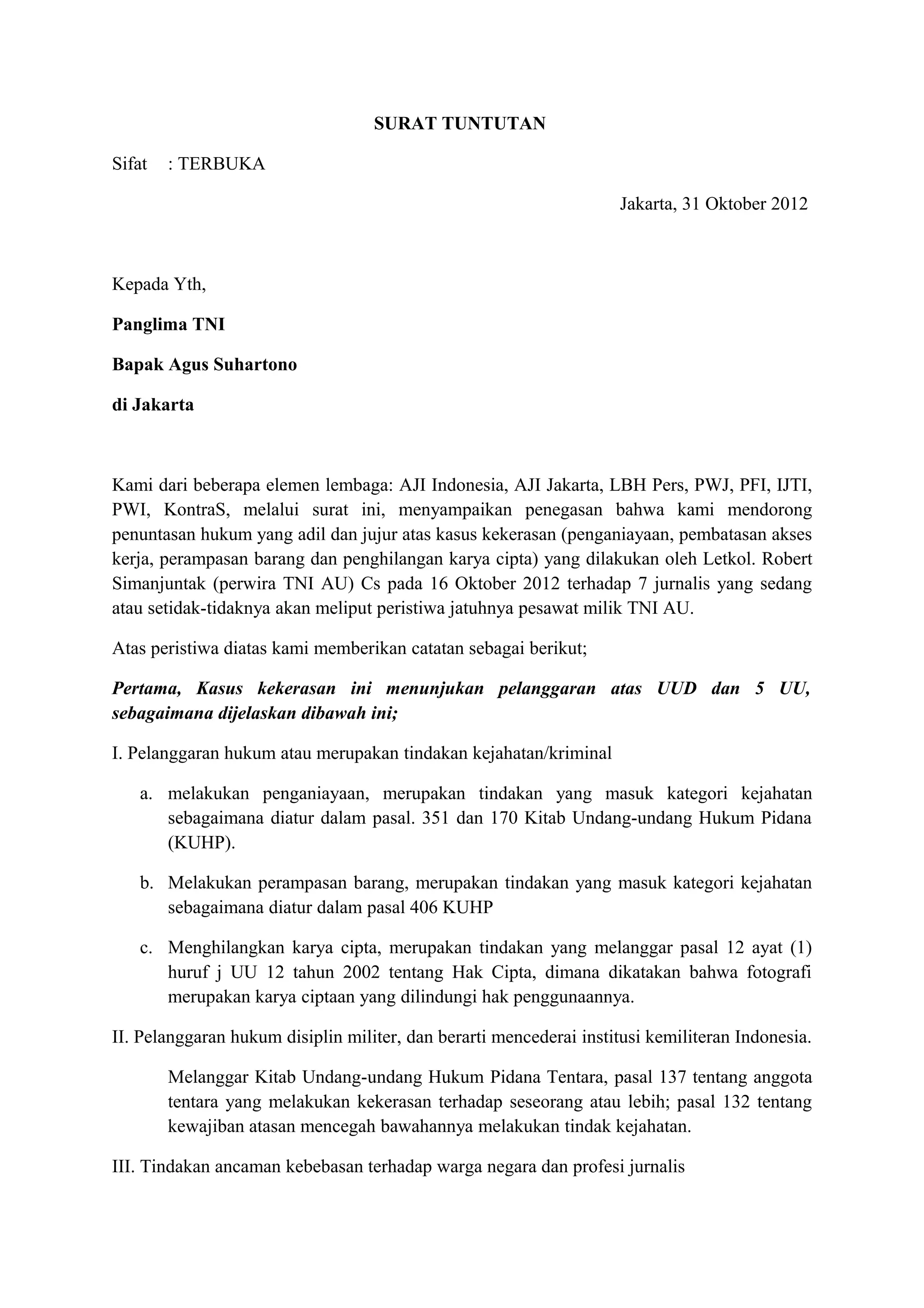 Surat Terbuka untuk Panglima TNI | DOC