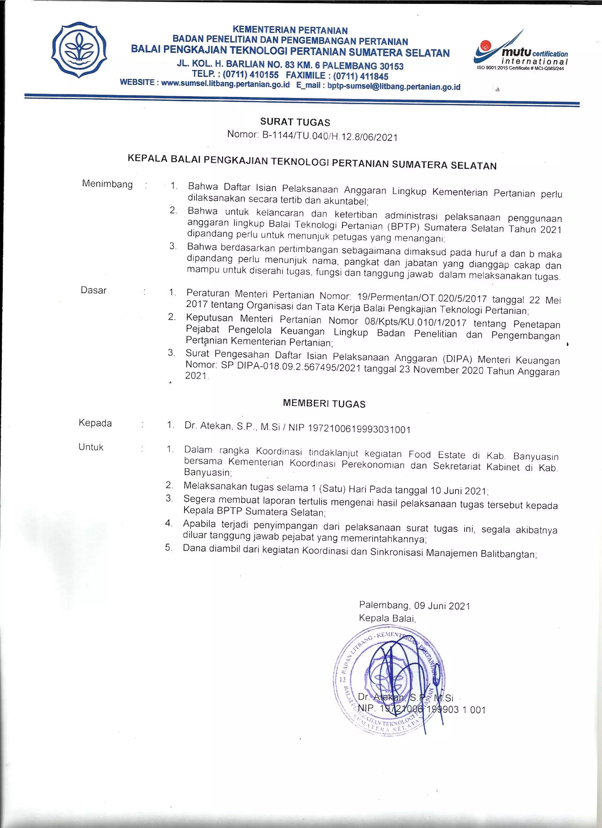 Surat tugas ka.balai | PDF