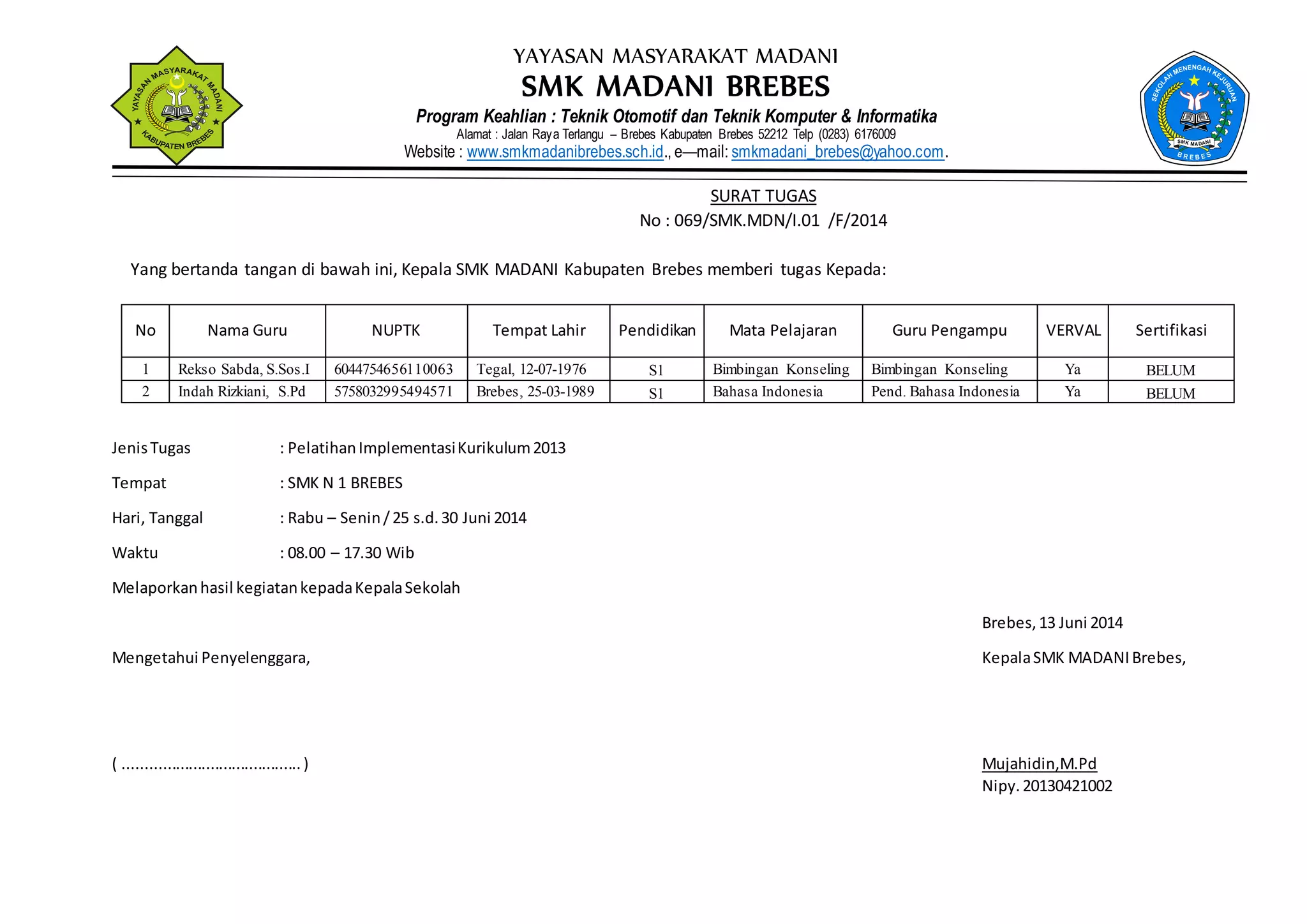 Surat tugas pelatihan kurikulum 2013 02 | DOCX