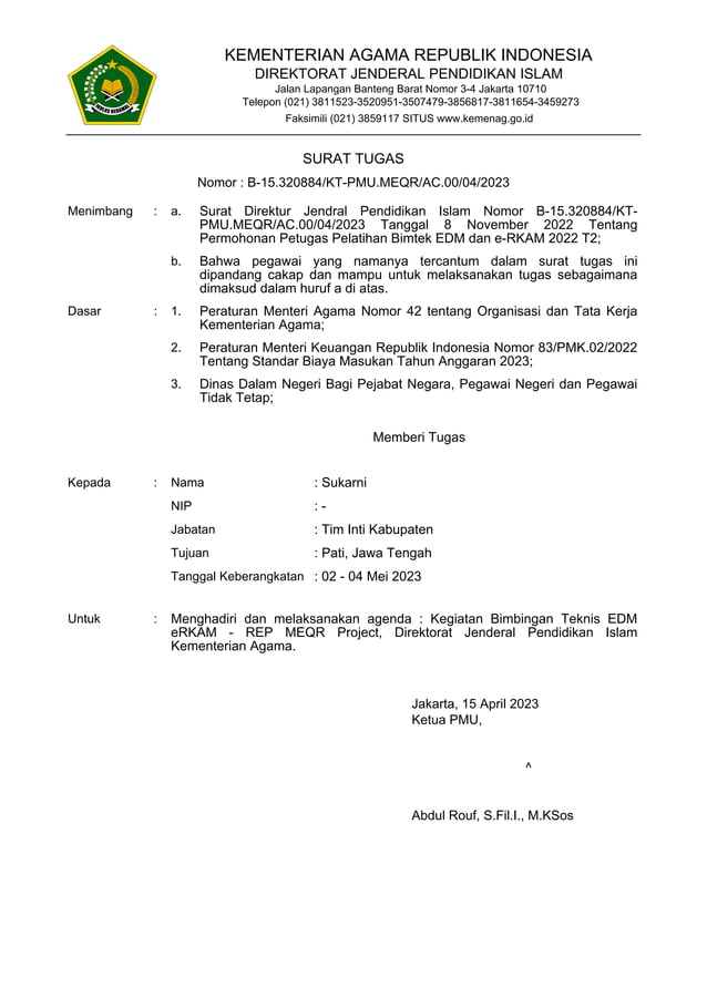 surat_tugas_pendamping madrasah edm erkam | PDF