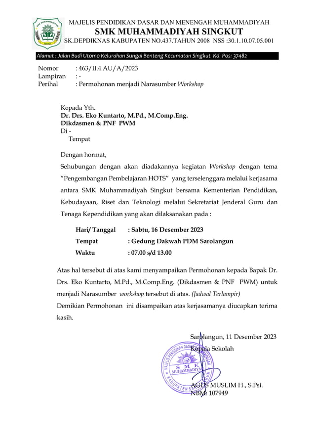 Surat Undangan Narasumber Pelatihan atau Diklat | PDF