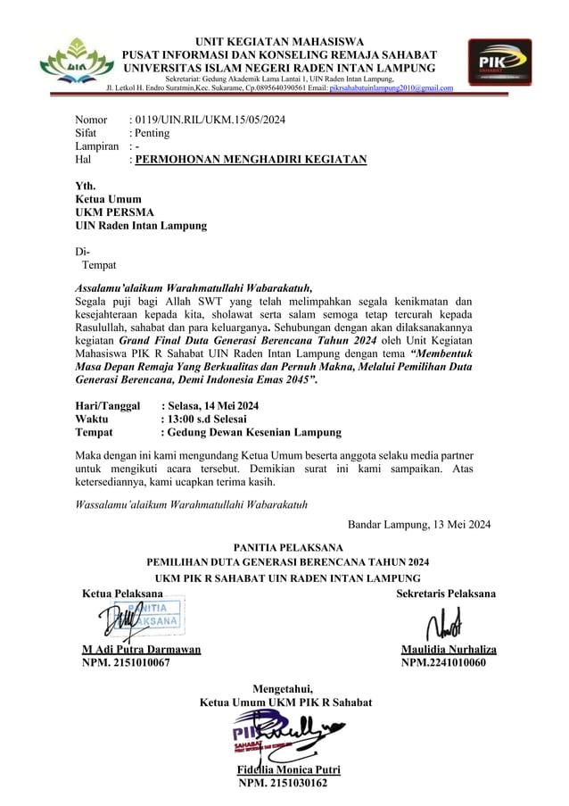 SURAT UNDANGAN UKM PERSMA RADEN INTAN... | PDF