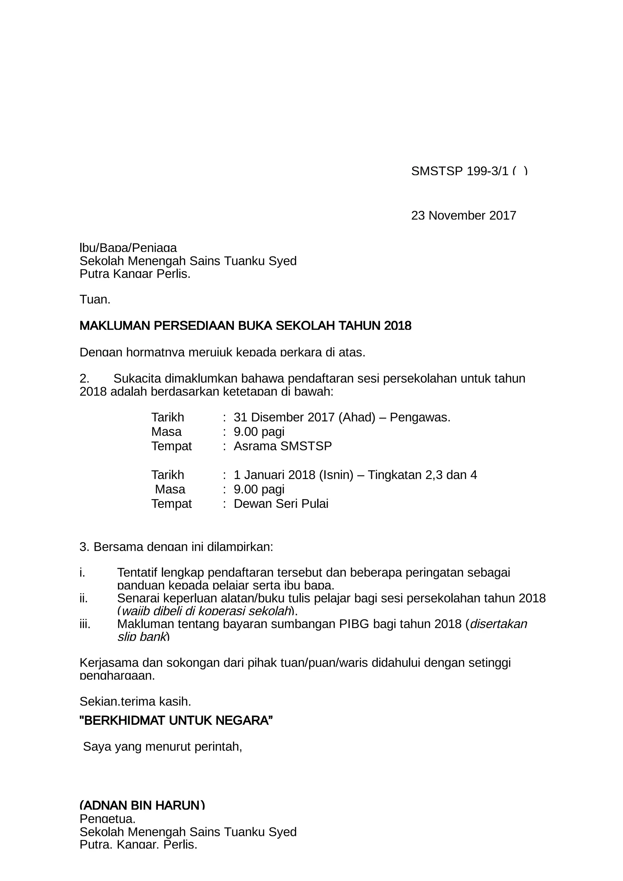 Surat untuk makluman IBUBAPA SMSTSP 2018 | PDF
