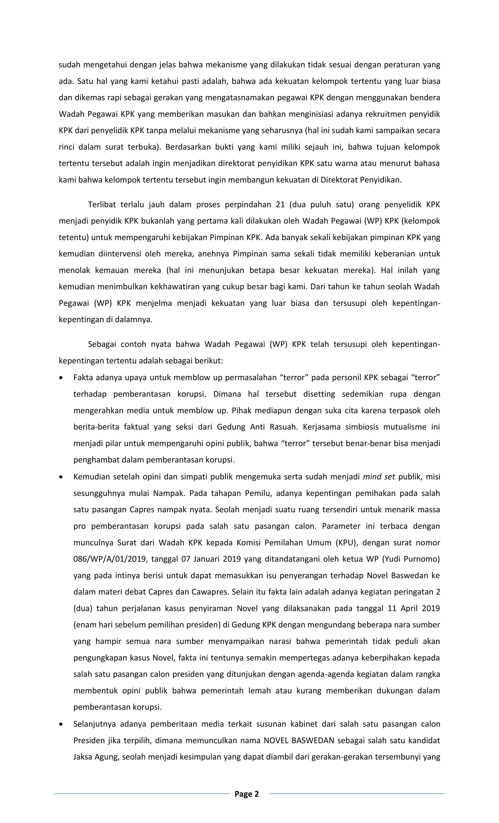 Surat Penyidik KPK untuk Presiden RI Joko Widodo | PDF