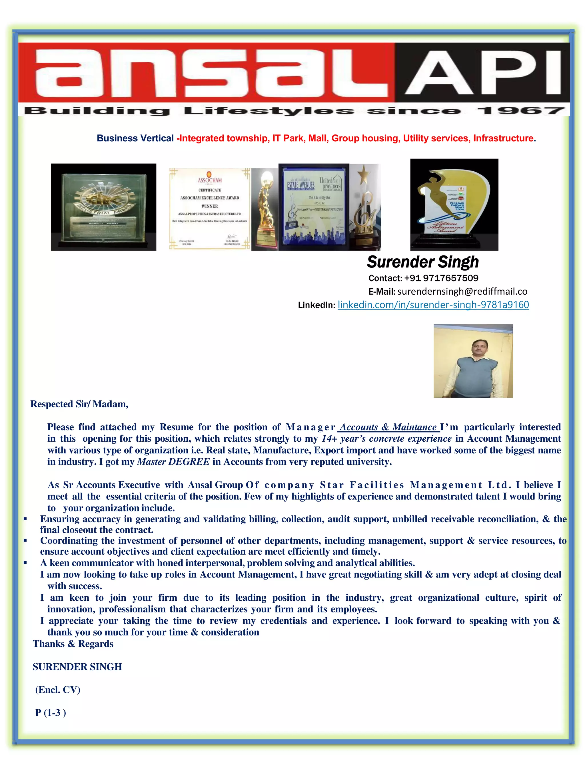 SURENDER SINGH CV (ACCOUNTS OFFICER )ANSAL API | PDF