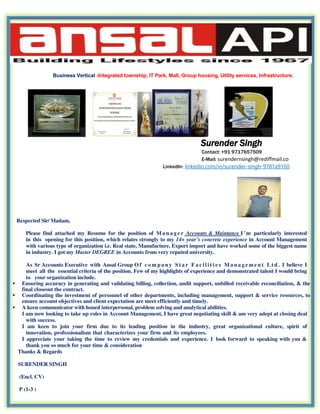 SURENDER SINGH CV (ACCOUNTS OFFICER )ANSAL API | PDF