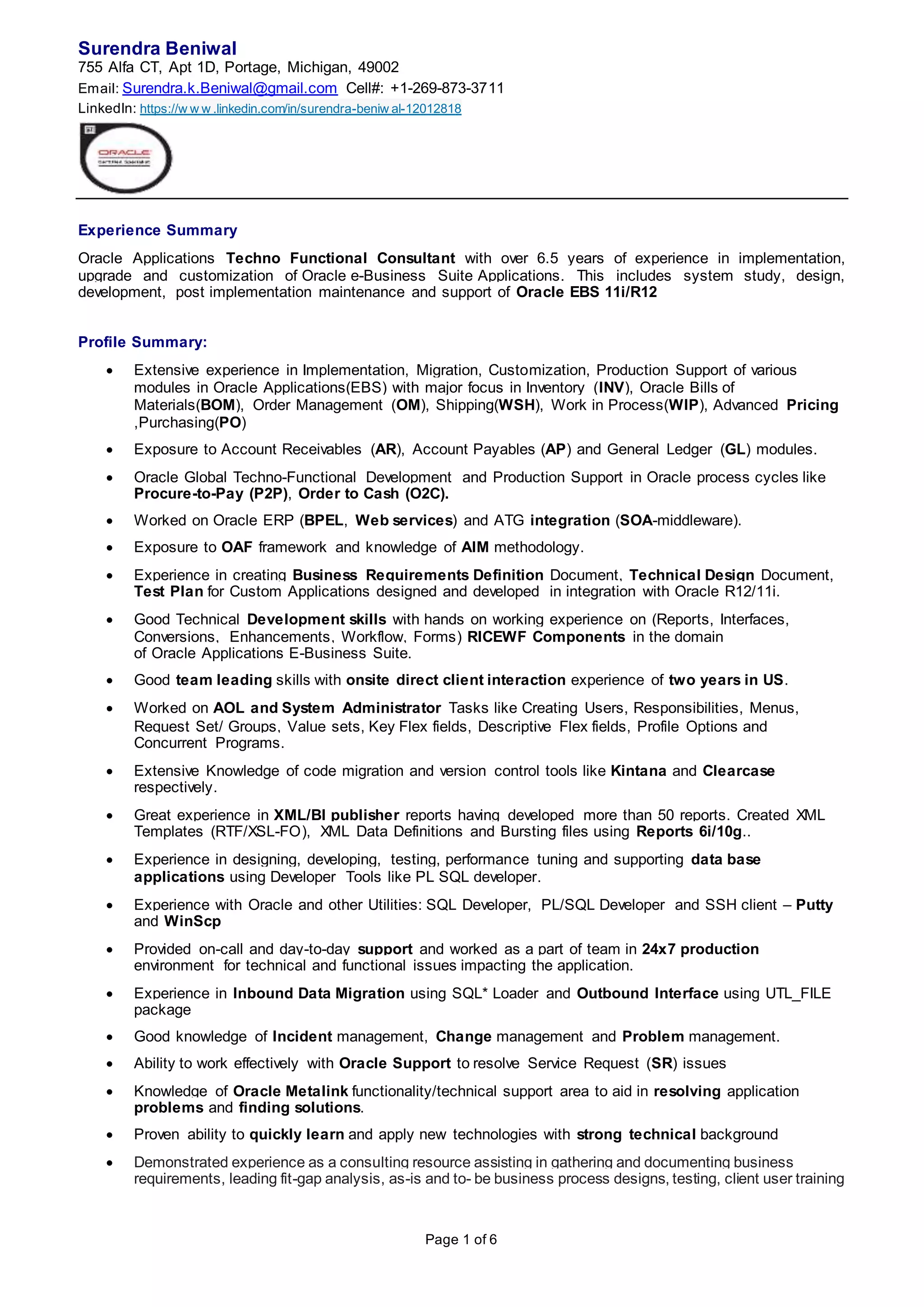 Surendra Beniwal Oracle Applications Consultant Resume | DOCX