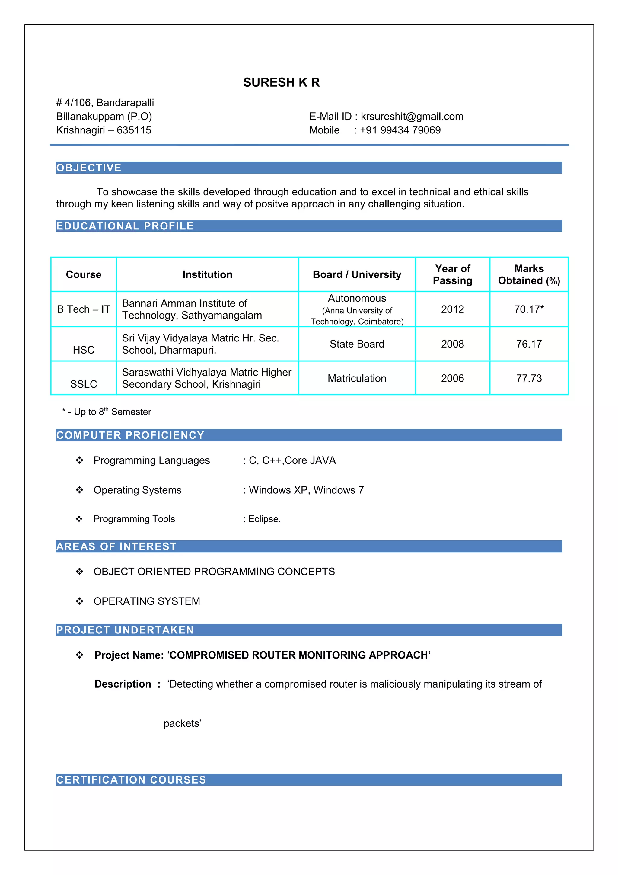 Suresh resume | DOC | Secondary Education | Education