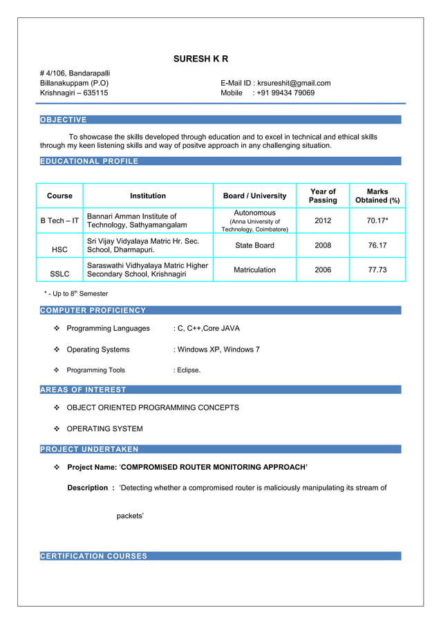 Suresh resume | DOC | Secondary Education | Education
