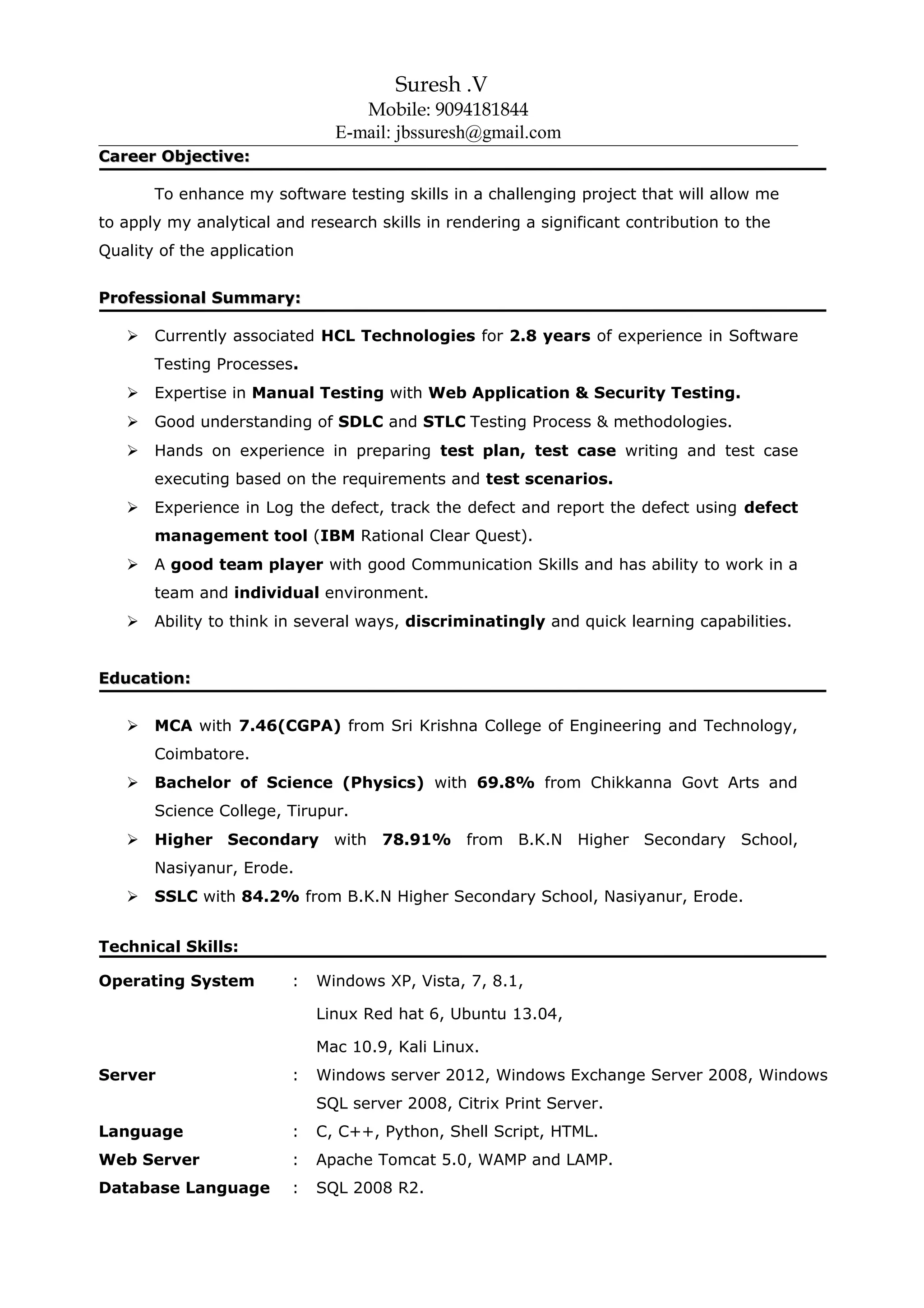 Suresh 2.8yrs hcl | DOC | Operating Systems | Computer Software and Applications