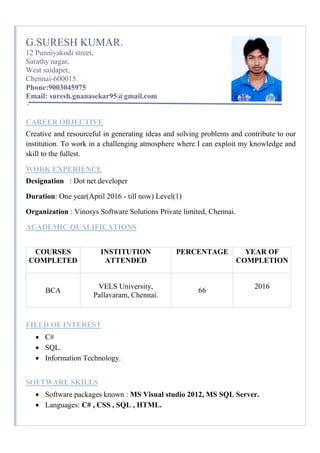 Dotnet 1Year Experience Resume | PDF