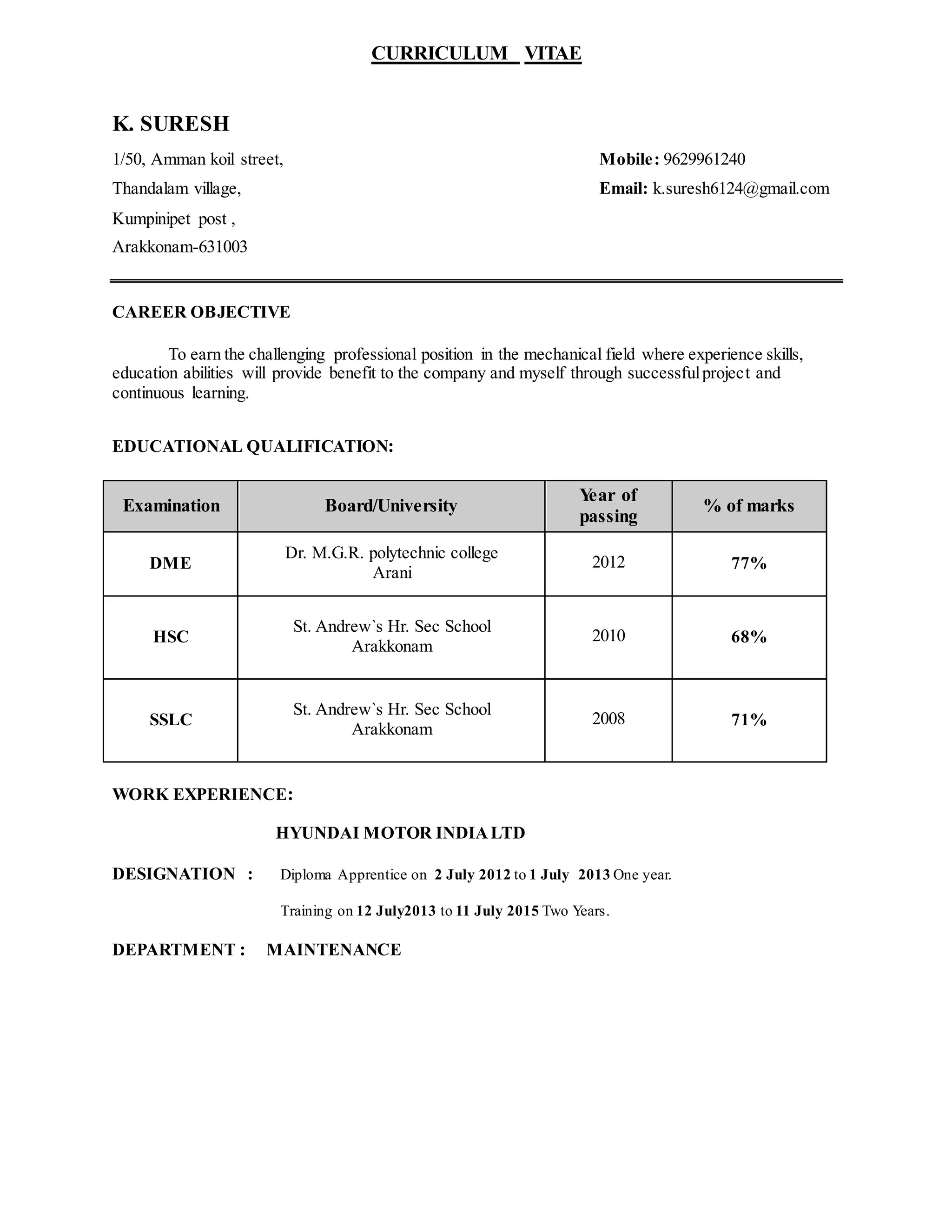 Suresh resume | DOCX | Family and Relationships