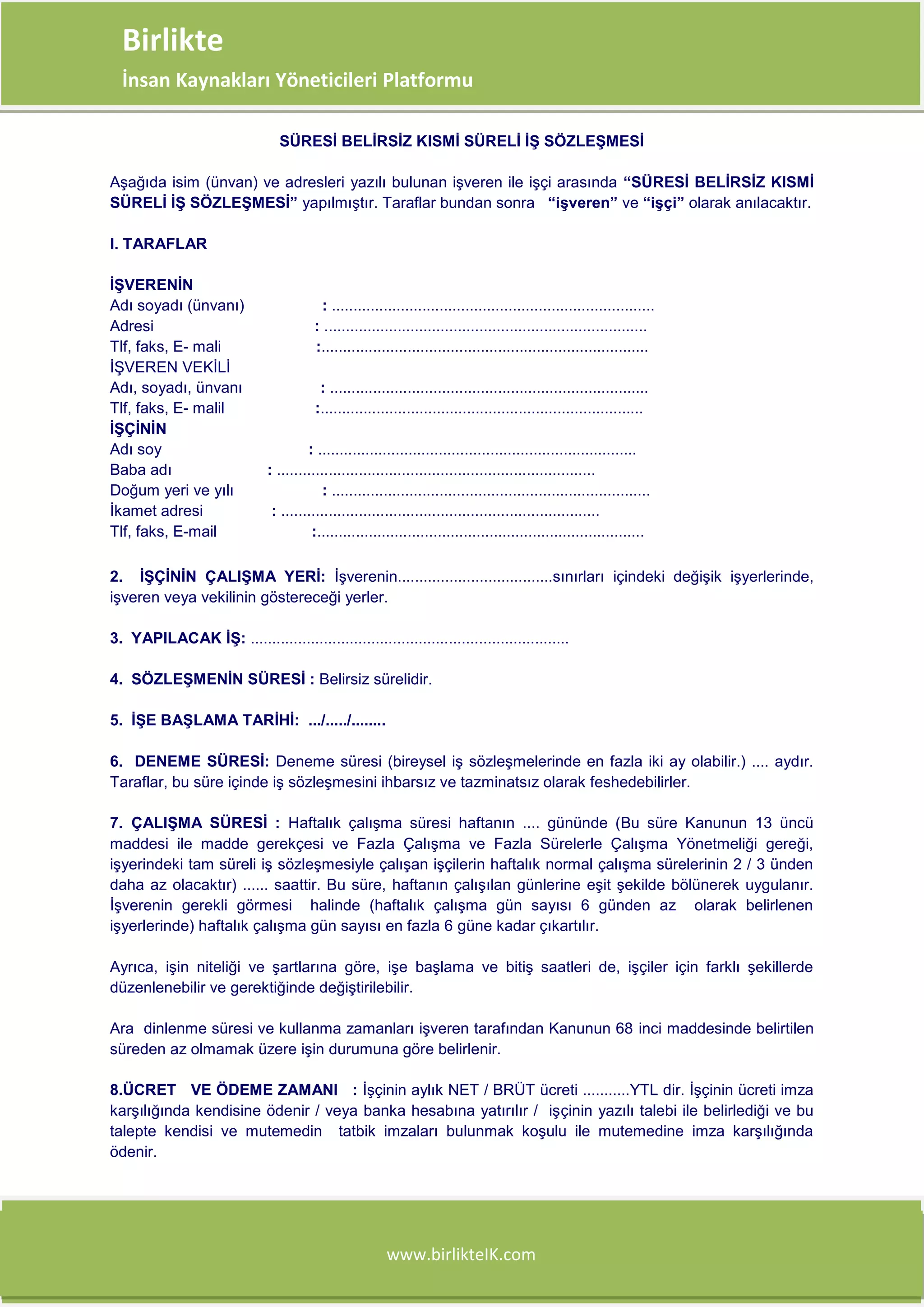 Suresi belirsiz kismi sureli is sozlesmesi ornegi | PDF