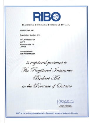 Surety One, Inc. RIBO Authorization Canada | PDF