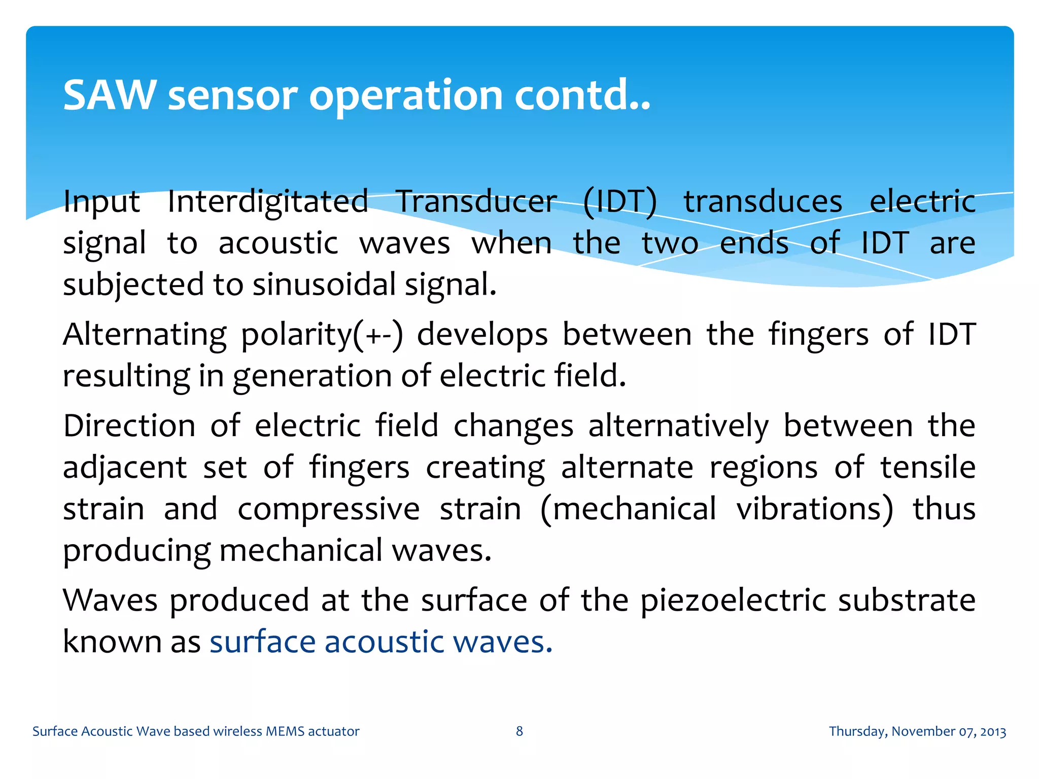 Surface acoustic wave based wireless mems actuators | PPTX | Physics | Science