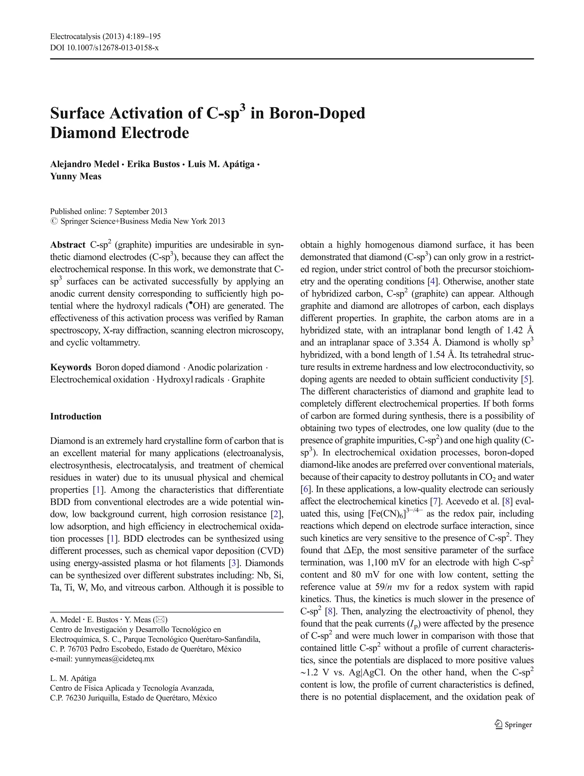 Surface Activation of C-sp3 in Boron-Doped Diamond Electrode | PDF