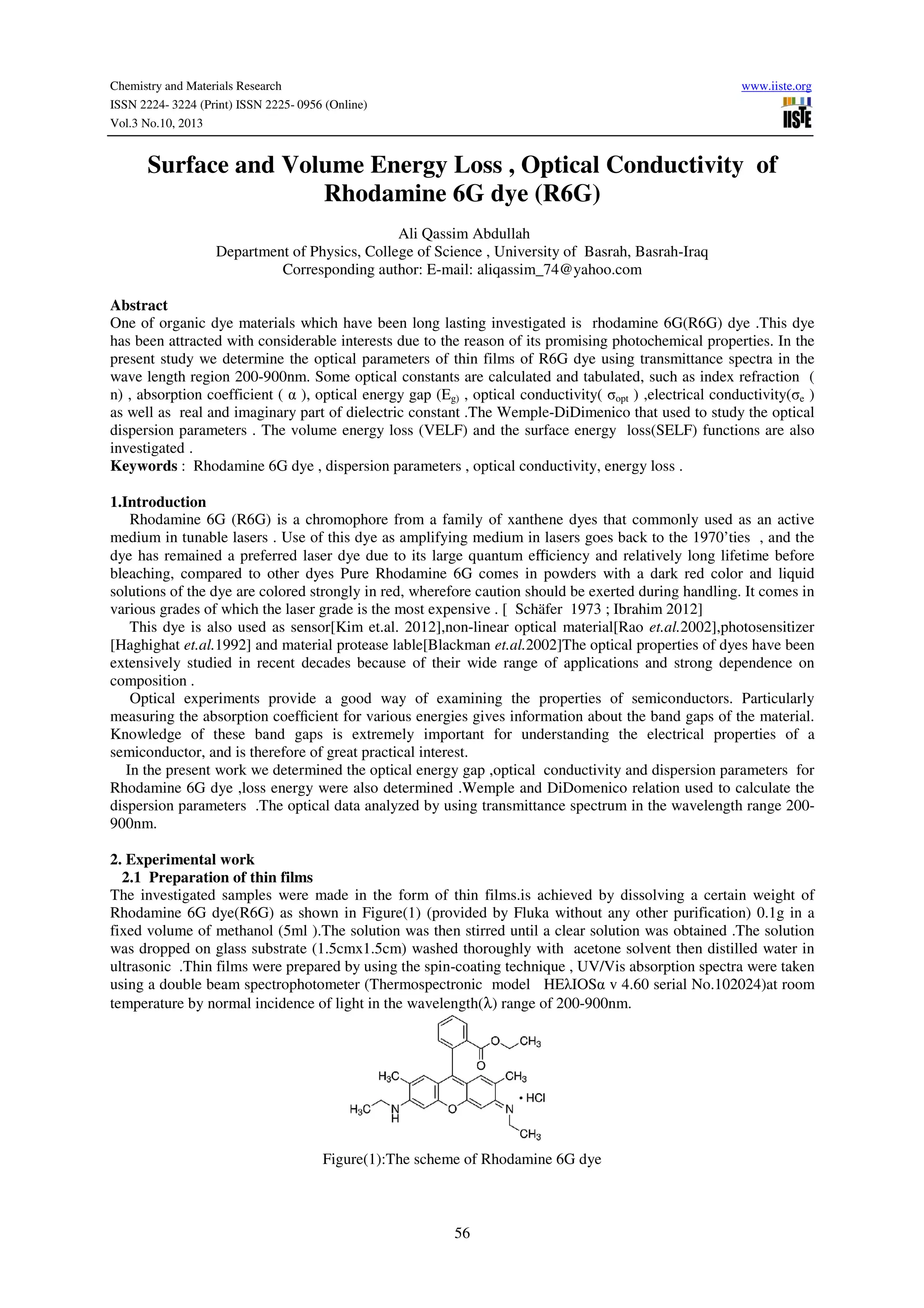 Surface and volume energy loss , optical conductivity of rhodamine 6 g ...