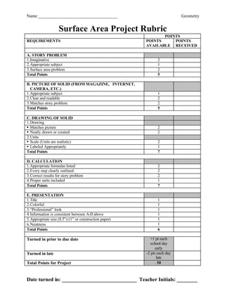 Surface area project rubric | PDF