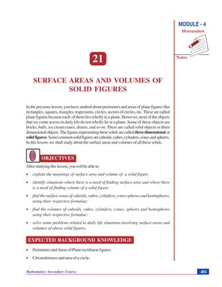 SURFACE AREAS AND VOLUMES OF SOLID FIGURES - MENSURATION | PDF